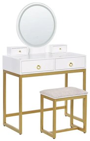 Toaletní stolek se 4 zásuvkami LED zrcadlem a stoličkou bílý/ zlatý AUXON Beliani