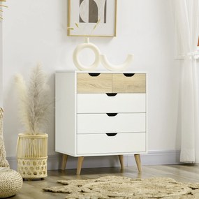 HOMCOM Komoda s 5 zásuvkami a zvýšenými nohami pro ložnici, obývací pokoj i kancelář, moderní styl, proti převrhnutí, 60x40x77,5 cm, přírodní a bílá