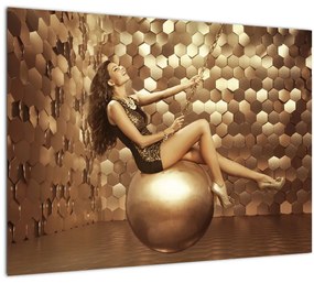 Skleněný obraz ženy ve zlaté místnosti (70x50 cm)