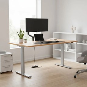 Výškově nastavitelný stůl OfficeTech A, 160 x 80 cm, šedá podnož, buk