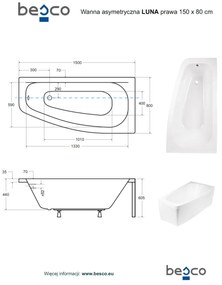 Hopa LUNA vana 150 x 80 cm asymetrická pravá vč. nožiček VANLUN150P+OLVPINOZ