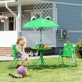 Zahradní set Outsunny pro děti – stůl a židle na piknik, skládací set pro děti se nastavitelným deštníkem 100-125 cm, design žabky, zelený