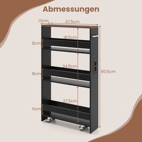Costway 13 cm tenký úložný vozík s nabíjecí stanicí 4patrový pojízdný kuchyňský