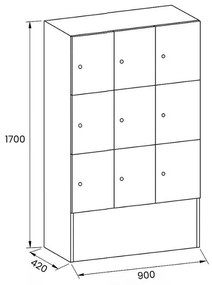 Dřevěná odkládací skříňka S5 s úložnými boxy, 9 boxů, 1700 x 900 x 420 mm, cylindrický zámek, ořech