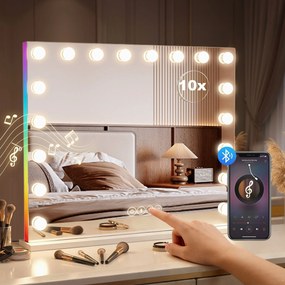HOMCOM Hollywood make-up zrcadlo s 18 stmívatelnými LED lampami, 3 barvy, RGB světlo, Bluetooth reproduktor, 10x zvětšení, bílé