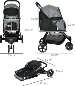 PawHut kočárek pro domácí mazlíčky skládací s pláštěnkou a bezpečnostním vodítkem, úložný koš pro malé psy, Oxford grey | Aosom.de
