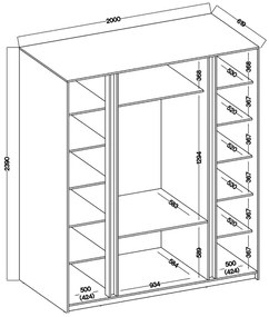 Šatní skříň KAJA 2LAM 2F 3S | 200 cm | bez zrcadla | VYSOKÁ | evoke + černé lamely