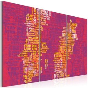 Obraz - Text map of Sweden (pink background) - triptych