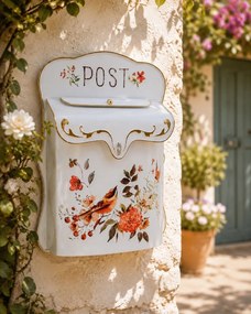 Bílá antik poštovní schránka s ptáčky Post - 28*18*37cm