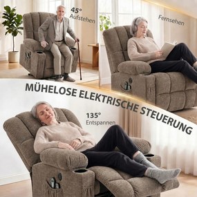 HOMCOM Televizní křeslo s pomocí při vstávání, elektrické relaxační křeslo s masáží a vyhříváním, funkce ležení, USB porty, hnědé
