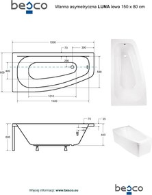 Besco LUNA vana 150 x 80 cm asymetrická levá vč. nožiček VANLUN150L+OLVPINOZ