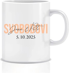 Personalizovaný klasický bílý keramický hrníček 300 ml se jmény novomanželů