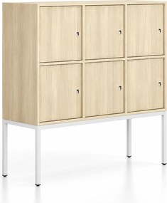 Kancelářská skříň FRAME, nízká, bílá podnož, 6x dveře, 1299 x 450 x 1331 mm, cylindrický zámek, dub přírodní