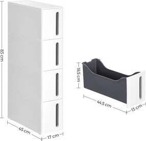 Úzký úložný vozík se 4 zásuvkami, plastový pojízdný zásuvkový box 45x17x83 cm, bílý-šedý