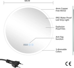 Erga Deam, kulaté LED zrcadlo 60cm, 3 barvy světla, přední osvětlení, vyhřívací podložka proti zapaření, ERG-V01-Deam-6060-CL