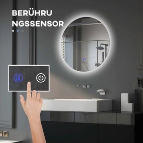 kleankin koupelnové zrcadlo s osvětlením Ø60 cm, nástěnné zrcadlo se 3 barvami světla, IP44, dotykový spínač, paměťová funkce, proti zamlžování | Aos…