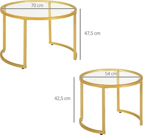HOMCOM Sada 2 moderních kulatých stolků s variabilní výškou 70/54 cm, se skleněnou deskou a zlatým ocelovým základem