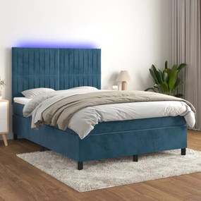Box spring postel s matrací a LED tmavě modrá 140x190 cm samet 3136243