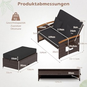 Costway 3 in 1 Ratanový salonek Nábytek Dvojité lehátko Zahradní pohovka