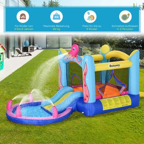 Outsunny samonafukovací skákací hrad včetně fukaru, záplat, 1 trampolíny, 1 vodního bazénu, 1 skluzavky, 360 x 175 x 180 cm