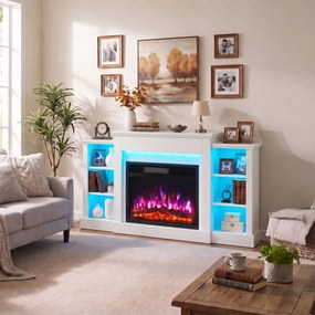 HOMCOM TV stolek s elektrickým krbem a 6 policemi, 138 cm, 900/1800 W, bílý