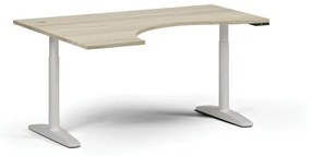 Výškově nastavitelný stůl OBOL, elektrický, 675-1325 mm, ergonomický levý, deska 1600x1200 mm, bílá zaoblená podnož, dub přírodní