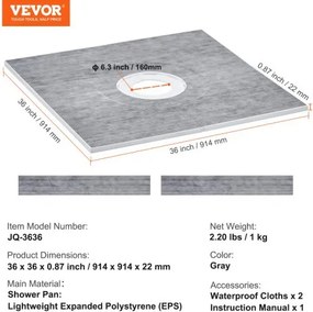 Sada sprchového obrubníku, 914 × 914 mm Souprava sprchové vaničky se 160 mm
