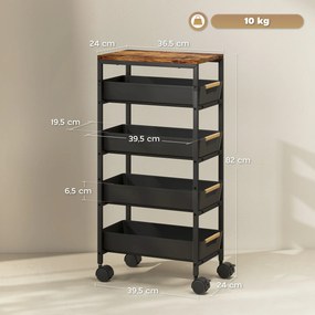 HOMCOM 5-vrstvý úložný vozík do kuchyně s koly, dřevěným efektem a 4 odnímatelnými šuplíky - Kuchyňský vozík pro jídelnu a obývací pokoj 39,5x24x82 c…