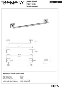Bemeta Design BETA: Držák ručníků, 450 mm -