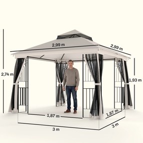 Zahradní pavilon Outsunny s dvojitou střechou a párty stanem 2,99 x 2,99 m se 4 bočními stěnami z kovu a polyesteru v béžové barvě