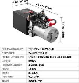 Hydraulický agregát 4 l, Maximální přetlak 22 MPa a průtok 3,4 l/min VEVOR