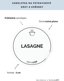 LASAGNE  – průhledná samolepka na dózu, tučné písmo, 5 cm | DomaLEP