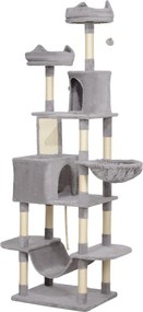 PawHut Kočičí škrabadlo Vysoké 206 cm - Strom pro kočky s plošinami, norami, visícími míčky a houpacími sítěmi, Světle šedá