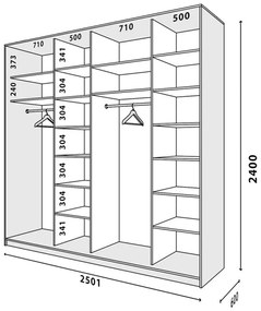 Skříň 4D 2500x600x2400, 4 DTD, Světlý dub sonoma