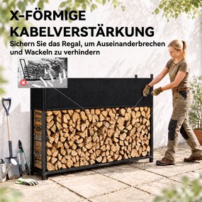 Outsunny Stojan na palivo 202 x 25 x 113 cm, stojan na dřevo s 600D Oxford krytem, ocelový rám do 500 kg, černý