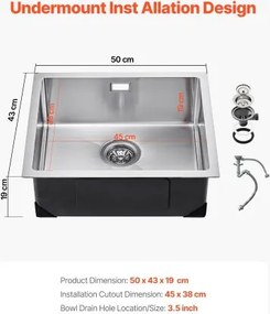 50 cm kuchyňský dřez pod montáž nerezová tyč s jednou mísou