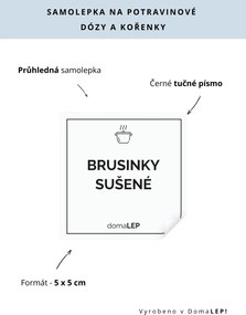 BRUSINKY SUŠENÉ – průhledná samolepka na dózu, tučné písmo, 5 x 5 cm | DomaLEP