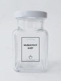 Samolepka na kořenky MUŠKÁTOVÝ KVĚT průhledná 3 × 4 cm tučné písmo