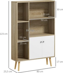HOMCOM Knihovna v severském stylu z ořechového dřeva, rozměry 80L x 23,5W x 123H cm, 5 polic, skříňka s 2 dveřmi, zúžené nohy ze solidního borového d…