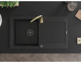 Mexen Leo 1-komorový granitový dřez s odkapávačem 900x500mm a kuchyňskou baterií Telma, černá-zlatá, 6501-77-670200-50