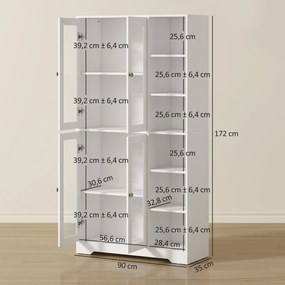 HOMCOM vysoký kuchyňský bufet, vitrínová skříňka se 4 dveřmi ze tvrzeného skla Soft-Close, 90x35x172 cm, bílá