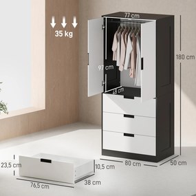 HOMCOM 2-dveřová skříň se 3 zásuvkami, moderní skříň s šatní tyčí, pro ložnici, černo-bílá