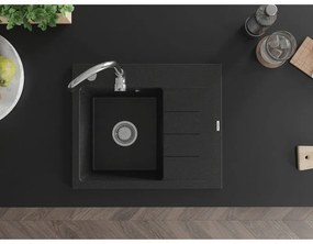 Mexen Ben, 1-komorový granitový dřez 600x500x190 mm, levý+ chromový sifon, černá-stříbrná metalíza, 6522605000-73