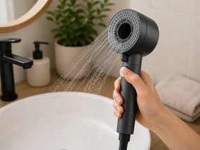Verk Group Sprchová hlava na ručku, černá, úsporná, 5 funkcí, kulatá, s tlačítkem
