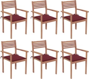 vidaXL Stohovatelné zahradní židle s poduškami 6 ks masivní teak [3072572] Barva: vínová červená