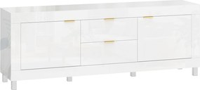 HOMCOM nízký TV stolek pro TV až do 75" – 180 × 40 × 66 cm, bílý vysoký lesk, 2 dvířka s tlumeným dovřením, kabelové vedení a 2 zásuvky