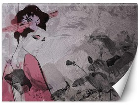 Fototapeta, Portrét gejši na betonové zdi - 200x140 cm
