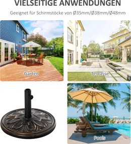 Stojan na slunečník Outsunny 13 kg – Stojan na slunečníky s držákem pro tyče průměru 35 mm/38 mm/48 mm do zahrady, na balkon, starožitný bronz