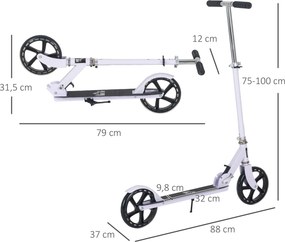 Skládací koloběžka HOMCOM pro děti 7-14 let, nastavitelná výška řídítek 4 úrovně s brzdou 88x37x100 cm Bílá