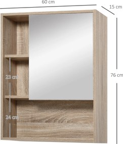 Kleankin zrcadlová skříňka do koupelny - nástěnná skříňka s výškově nastavitelnou policí a otevřenými regály 60x15x76 cm v dubovém dekoru